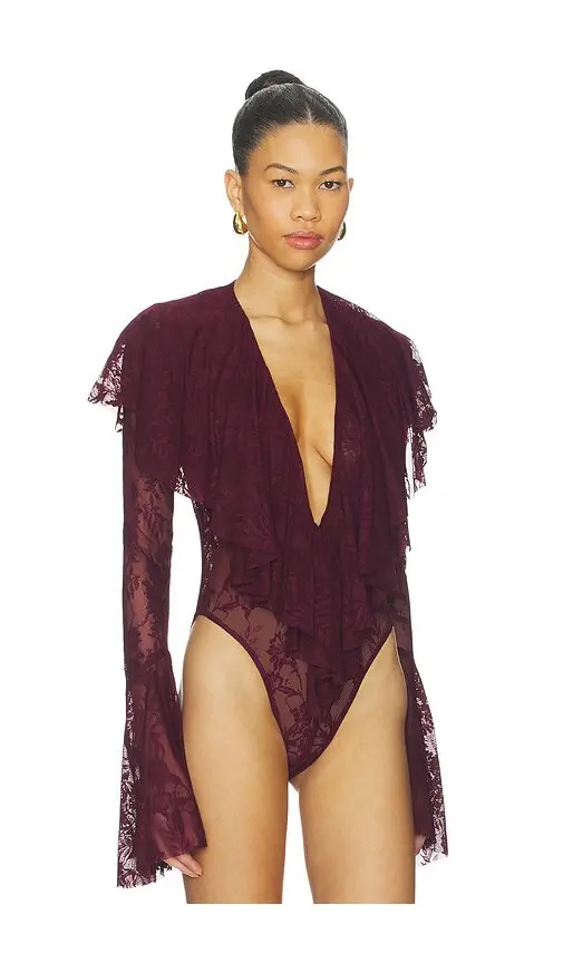 Norma Kamali Long Sleeve Deep V Ruffle Bodysuit - Plum