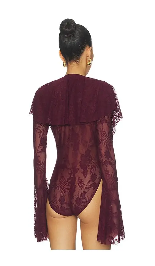 Norma Kamali Long Sleeve Deep V Ruffle Bodysuit - Plum