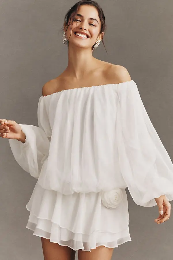 Bhldn Chiffon Off-shoulder Rosette Mini Dress
