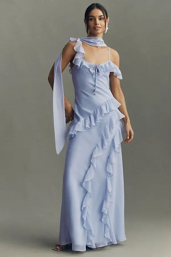 Bhldn Lottie Ruffled Chiffon Gown - Open Air Blue