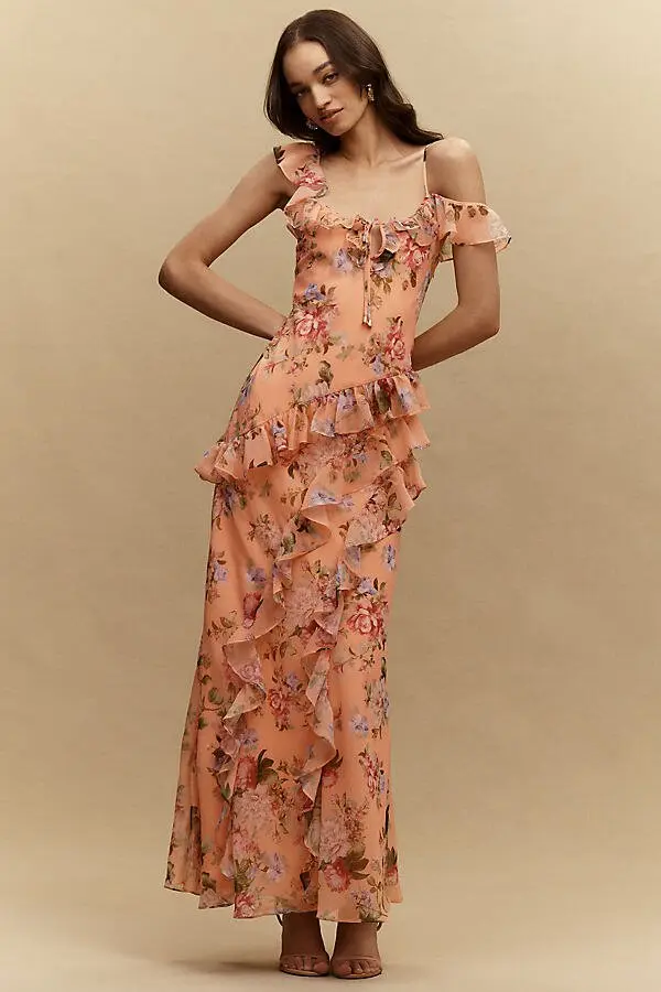 Bhldn Lottie Ruffled Chiffon Gown - Peach Cottage Garden