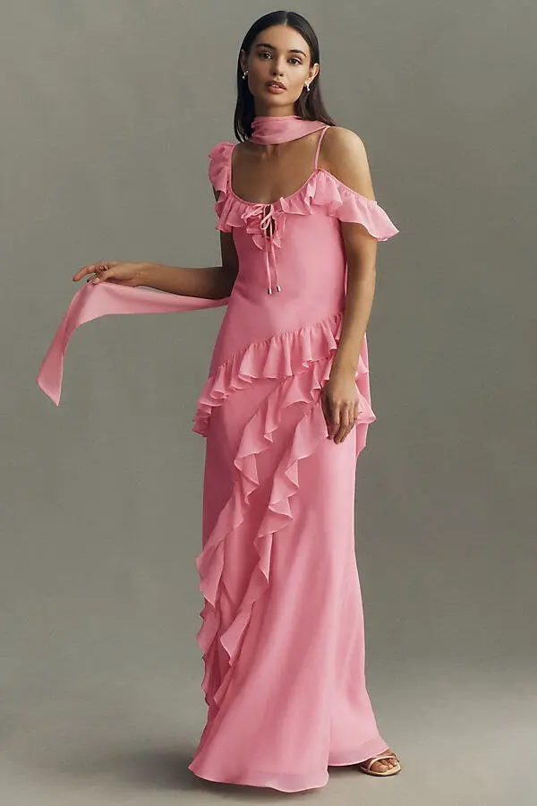 Bhldn Lottie Ruffled Chiffon Gown - Peony Pink
