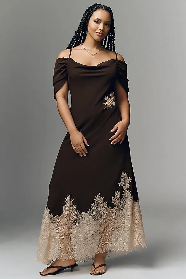 BL-NK Off-shoulder Lace Midi Dress - Chocolate