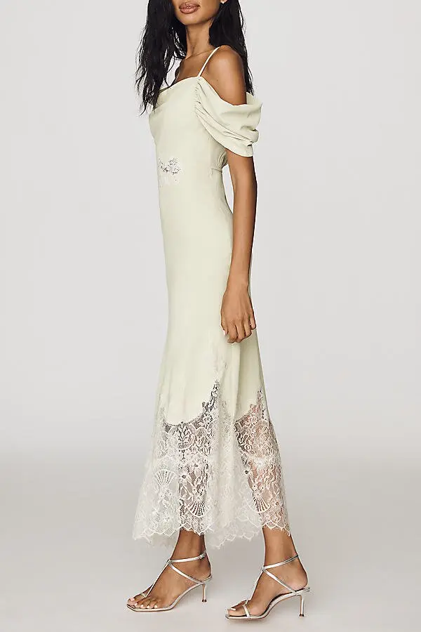 BL-NK Off-shoulder Lace Midi Dress - Light Green