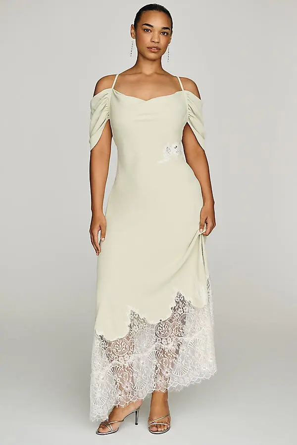 BL-NK Off-shoulder Lace Midi Dress - Light Green