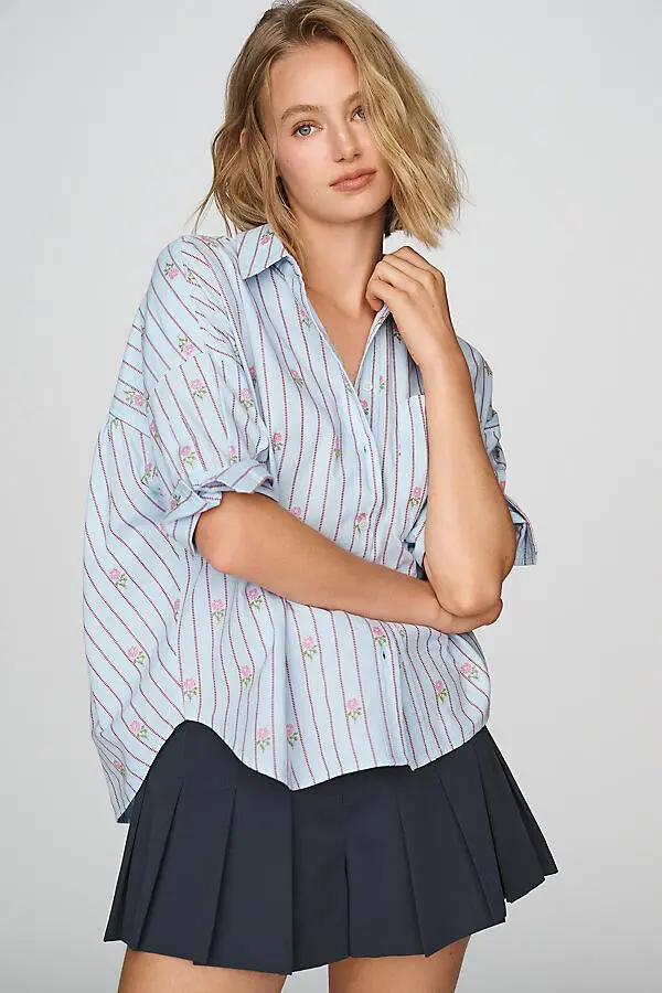 Maeve The Mabel Boxy Oxford Shirt - Pale Blue Pattern