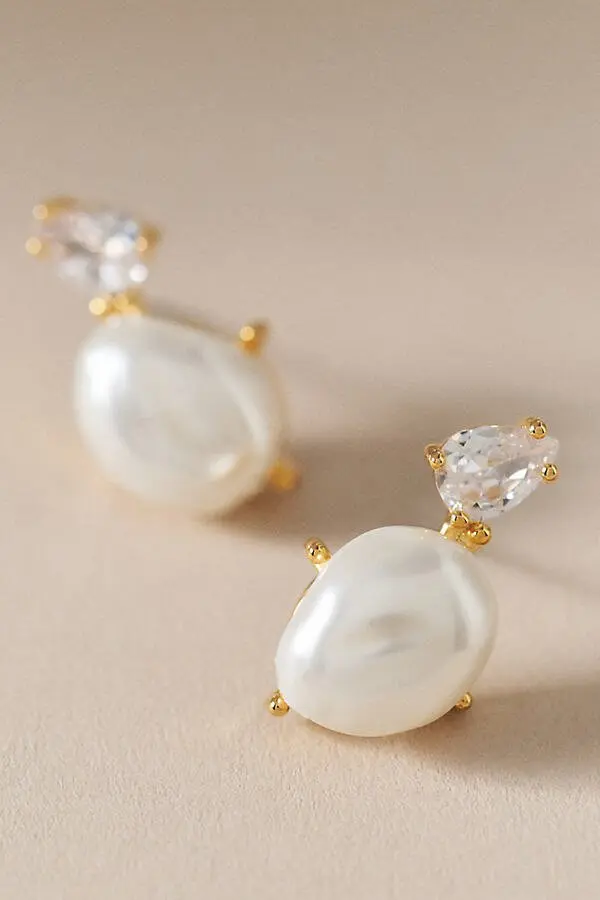 SEREFINA Freshwater Pearl And Cubic Zirconia Stud Earrings - Gold
