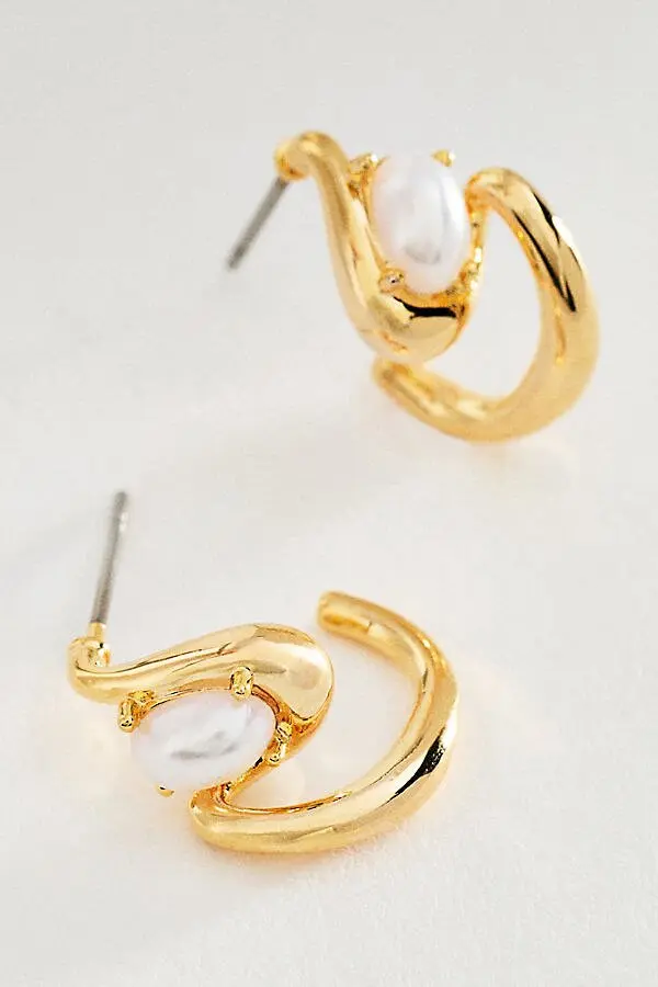Anthropologie Delicate And Stone Huggie Hoop Earrings - Pearl