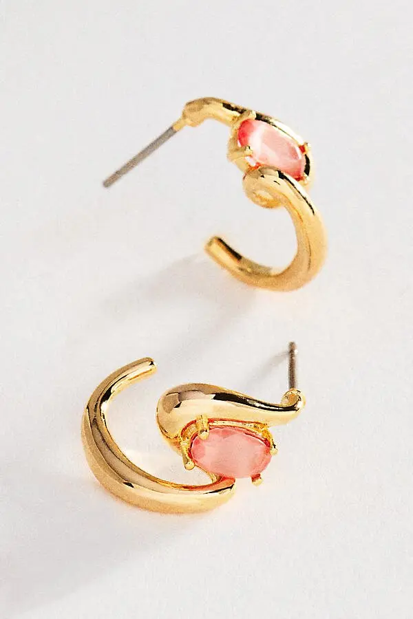 Anthropologie Delicate And Stone Huggie Hoop Earrings - Red