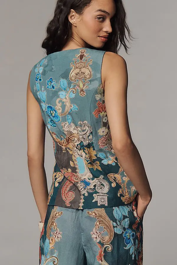 RANNA GILL Linen Blend Printed Vest Top
