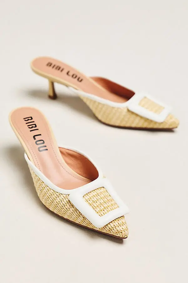 BIBI LOU Woven Raffia Kitten Heel Mules - Natural