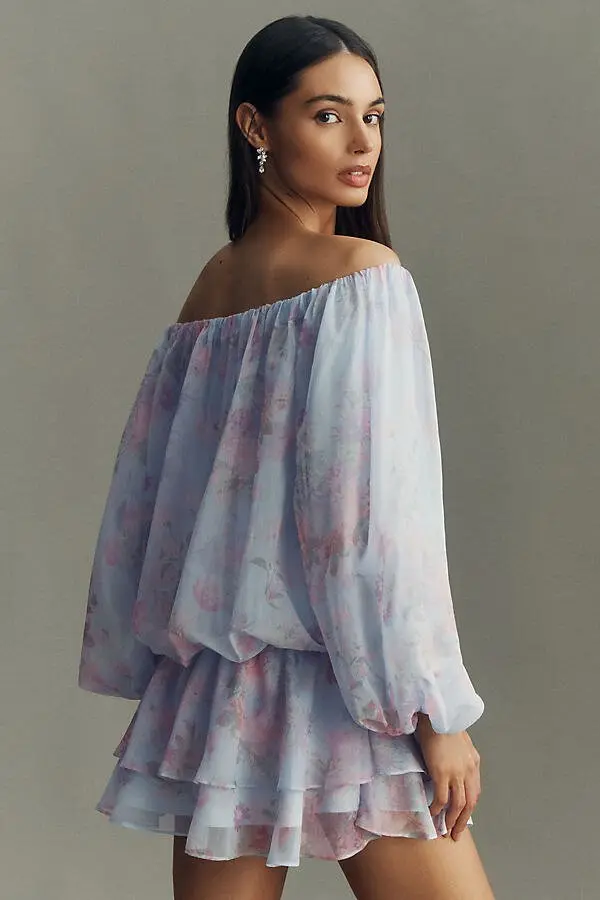 Bhldn Daisy Off-Shoulder Chiffon Mini Dress - Blue Floral