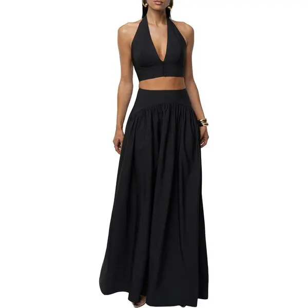 JLUXLABEL Halter Crop Top & Maxi Skirt Set - Black