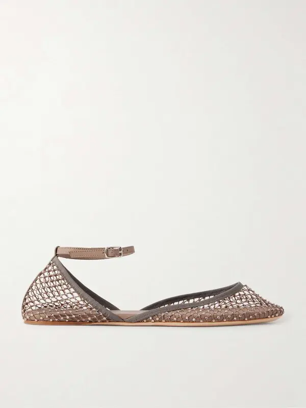 Christopher Esber Minette Leather-trimmed Crystal-embellished Mesh Ballet Flats - Brown