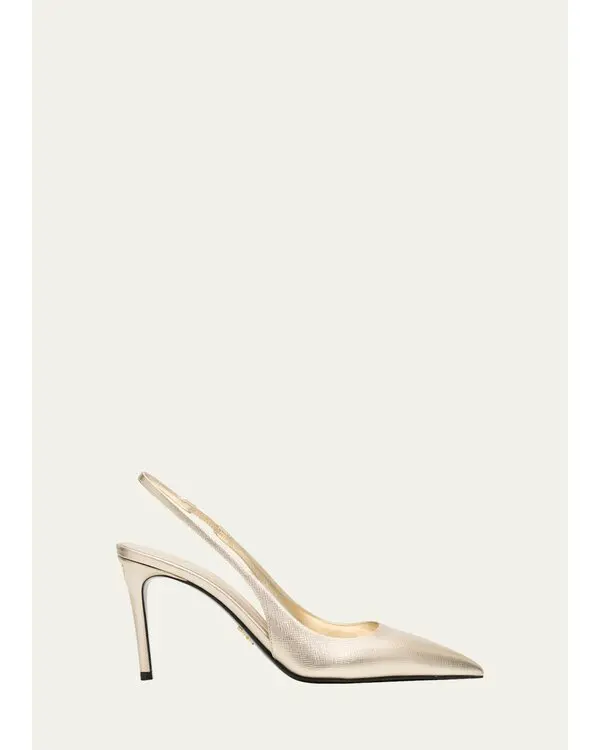 Prada 90mm Saffiano Metallic Slingback Pumps - Pirite