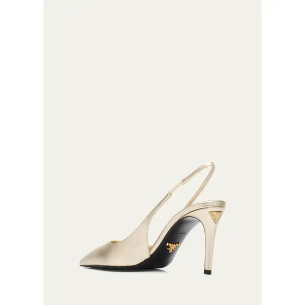 Prada 90mm Saffiano Metallic Slingback Pumps - Pirite