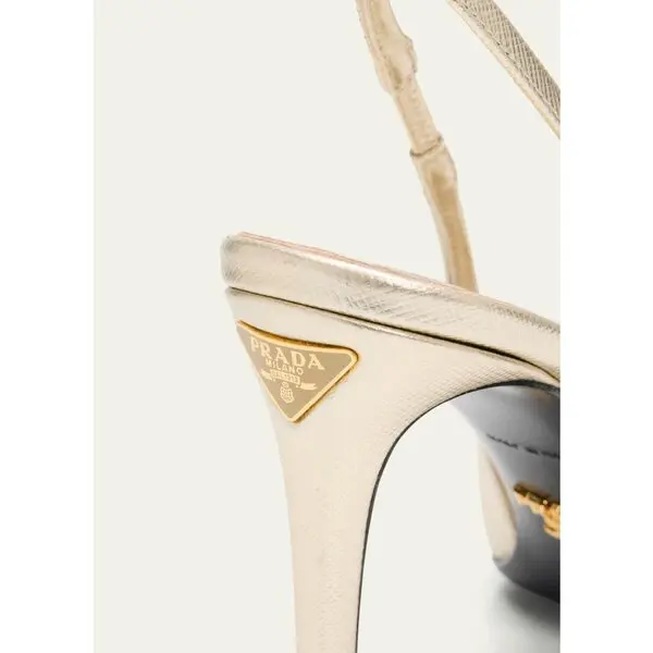 Prada 90mm Saffiano Metallic Slingback Pumps - Pirite