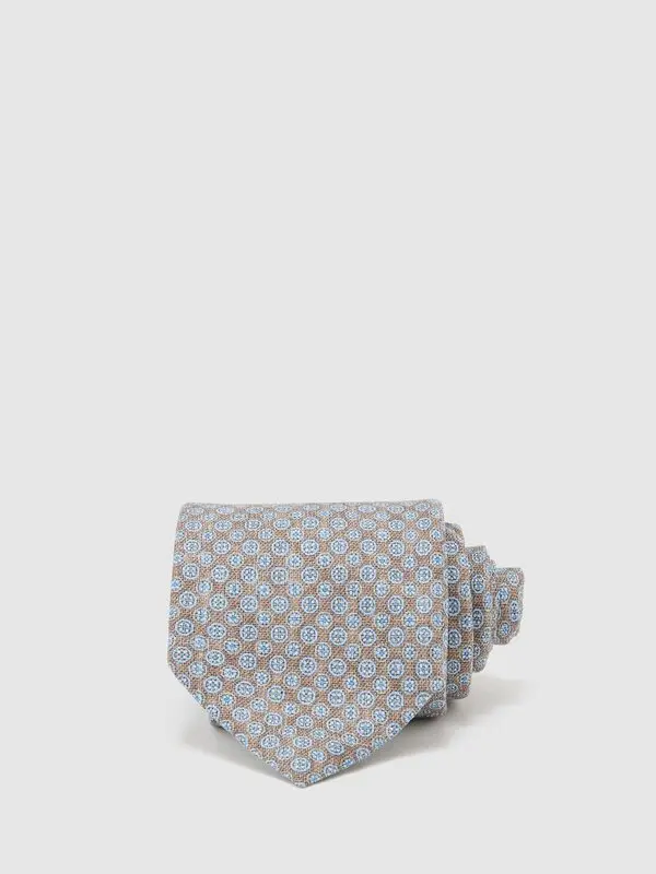 REISS Fiore Silk Micro-floral Medallion Tie - Brown / Soft Blue
