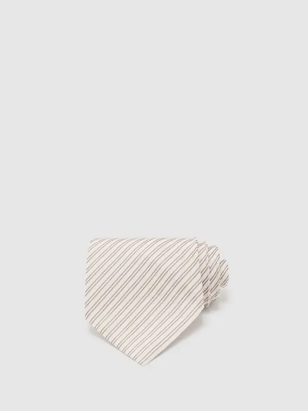 REISS Vittorio Cotton-silk Stripe Seersucker Neck Tie - White / Camel Brown