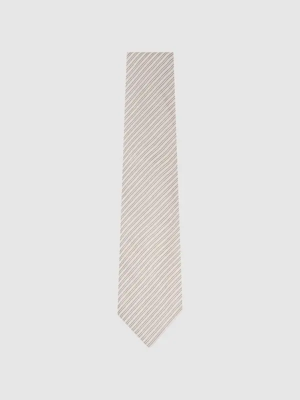 REISS Vittorio Cotton-silk Stripe Seersucker Neck Tie - White / Camel Brown