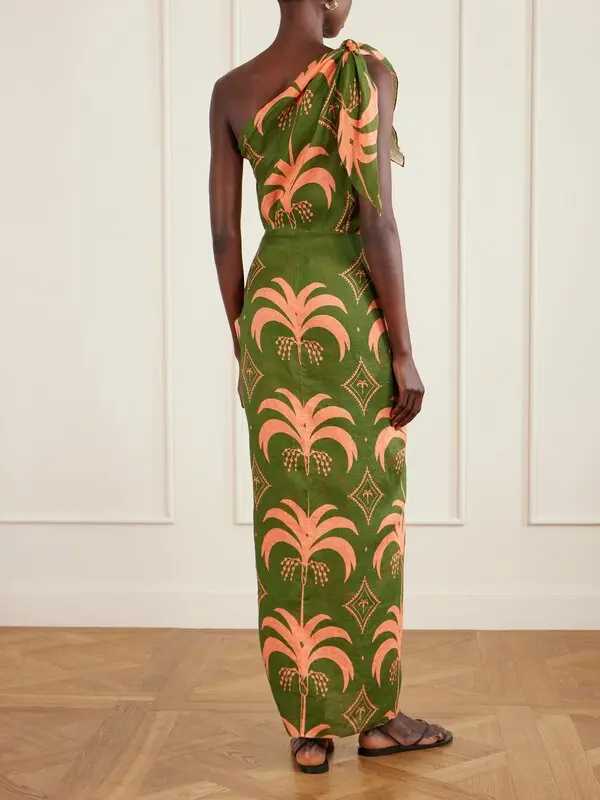 Johanna Ortiz Seaweed One-shoulder Printed Linen Maxi Dress