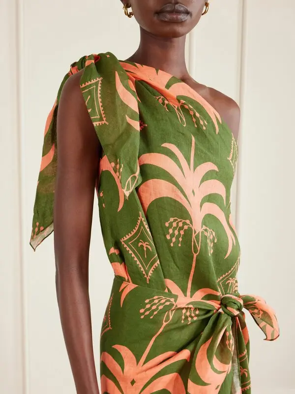 Johanna Ortiz Seaweed One-Shoulder Printed Linen Maxi Dress - Green |  Editorialist