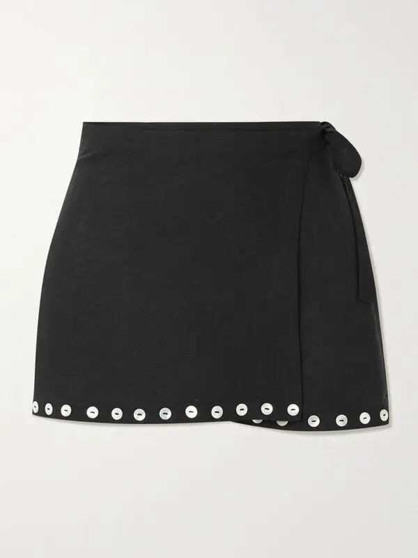 Staud Zandra Button-detailed Linen-blend Mini Wrap Skirt - Black