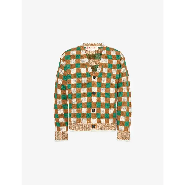 Marni Check-print V-neck Wool-blend Cardigan