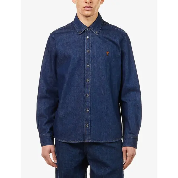 AMI Paris Logo-embroidered Contrast-stitch Denim Shirt - Indigo