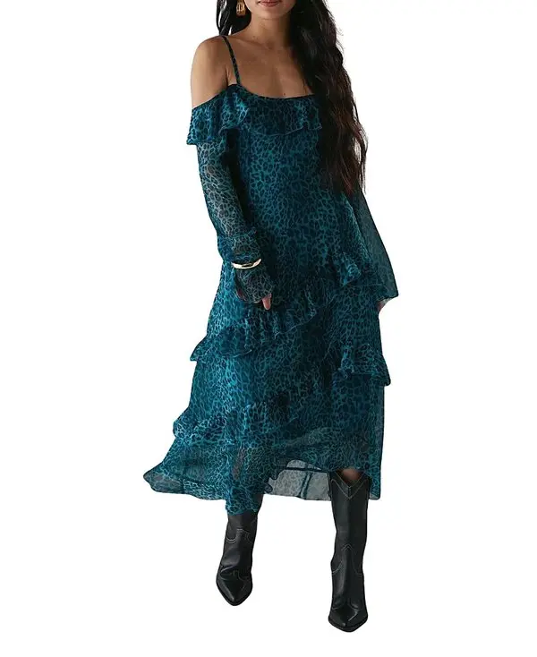 WAREHOUSE Ruffle Cold Shoulder Midi Dress - Leopard