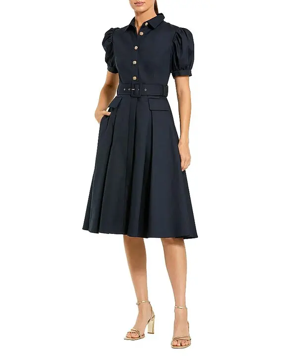Mac Duggal Puff Sleeve Button-up Midi Dress With Belt - Midnight