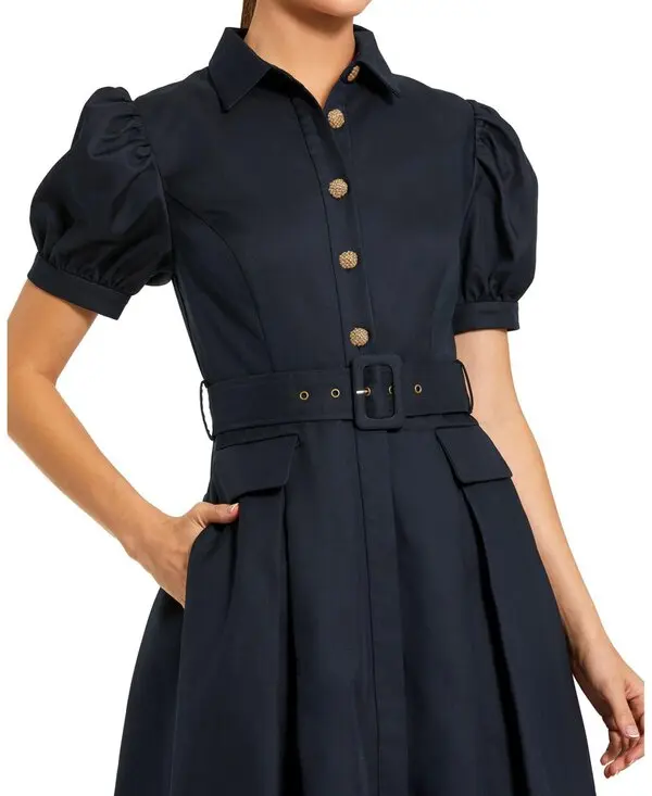 Mac Duggal Puff Sleeve Button-up Midi Dress With Belt - Midnight