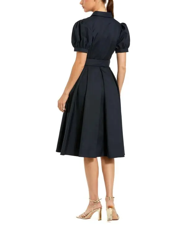 Mac Duggal Puff Sleeve Button-up Midi Dress With Belt - Midnight