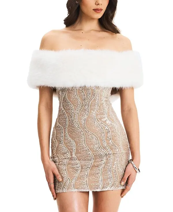 MISS CIRCLE Averie Faux Fur Off-shoulder Sequin Mini Dress - Beige