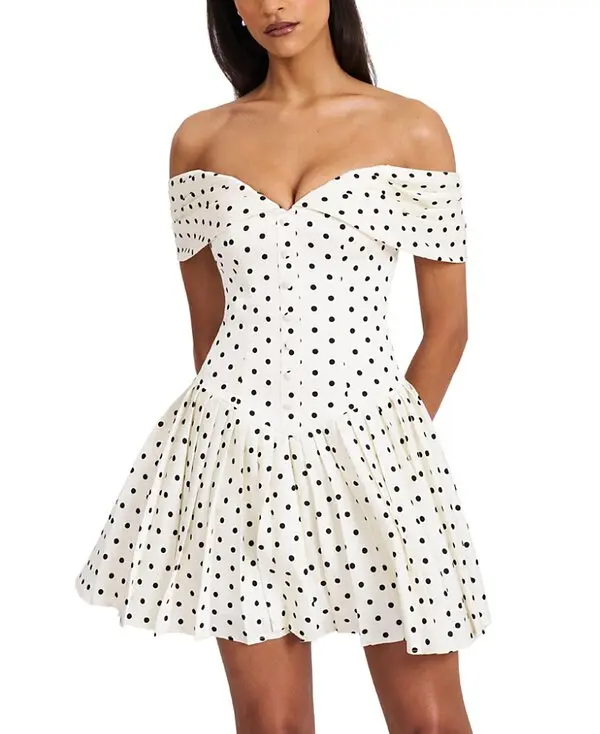 MISS CIRCLE Edeline Polka Dot Off-shoulder Pleated Mini Dress - White Polka Dot