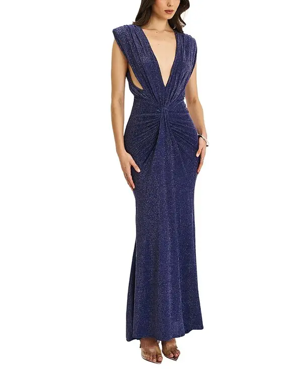 MISS CIRCLE Terri Sparkle Plunging Backless Maxi Dress - Navy