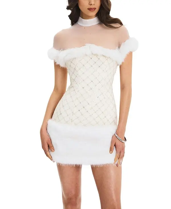 MISS CIRCLE Taylor Faux Fur Trimmed Beaded Boucle Mini Dress - White