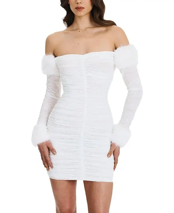 MISS CIRCLE Lani Lace Off-shoulder Ruched Mini Dress - White