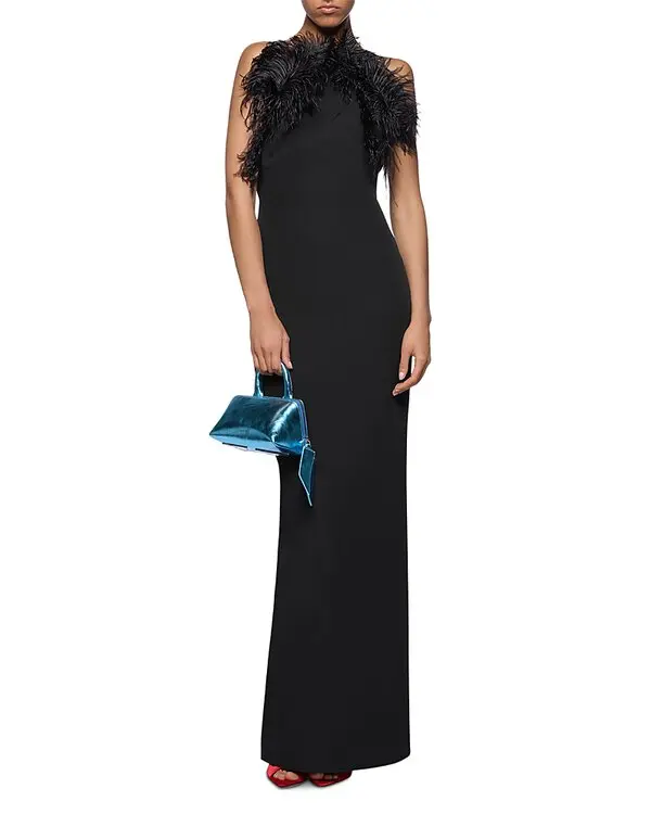 Attico Ostrich Feather Trim Maxi Dress - Black