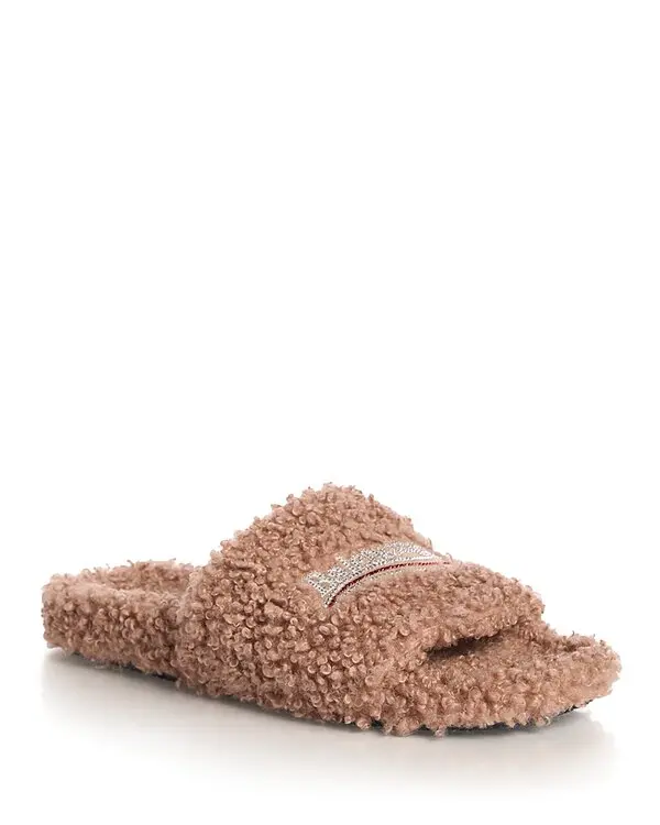 Balenciaga Furry Slide Slippers - Bisque/crystal/red
