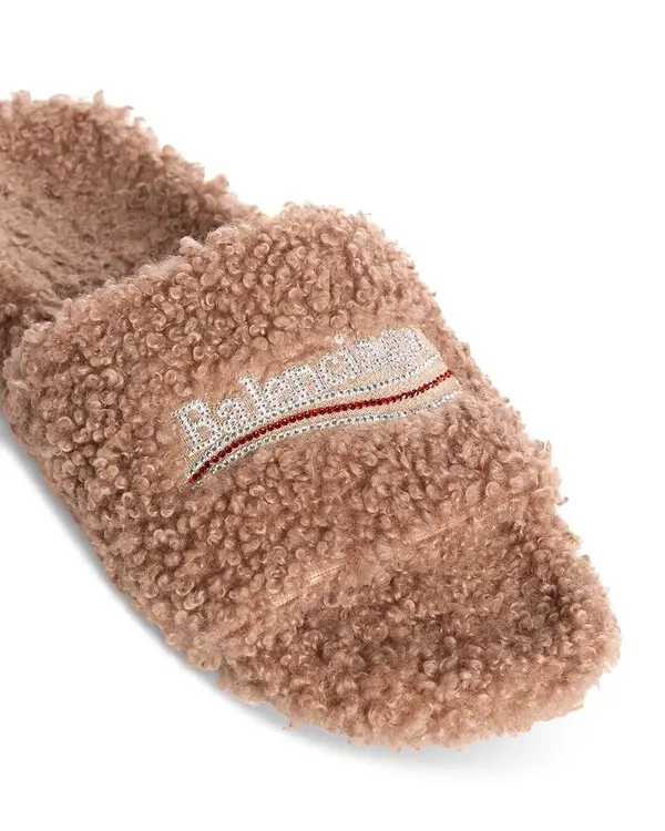 Balenciaga Furry Slide Slippers - Bisque/crystal/red