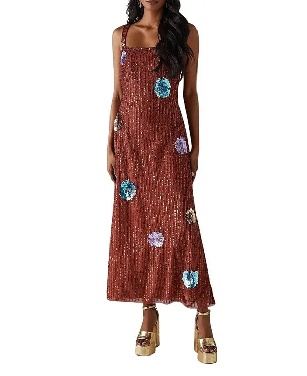 WAREHOUSE Hand Embellished Flower Burst Midi Dress - Rust