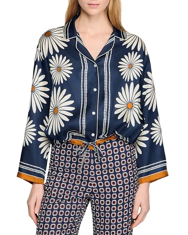 Sandro Floral Print Silk Shirt - Deep Blue