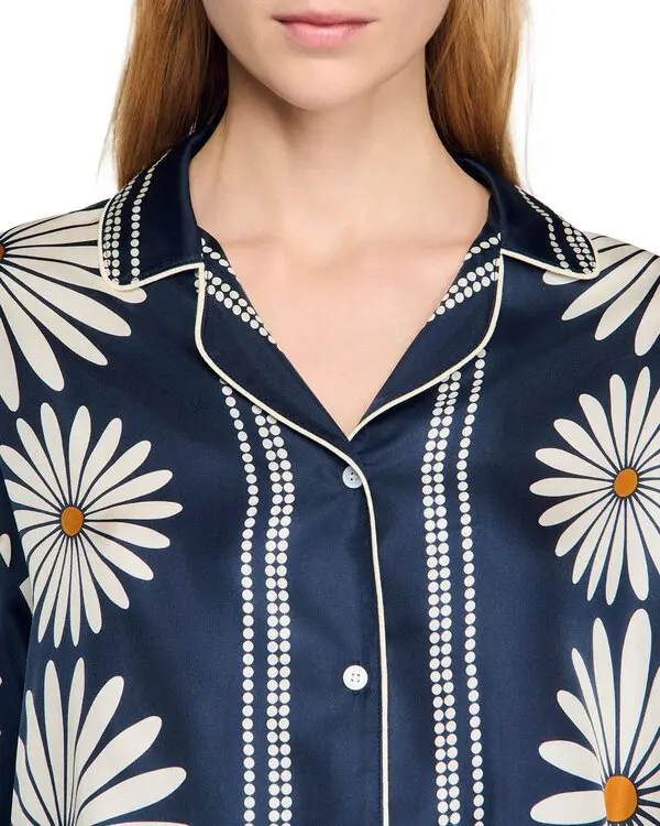 Sandro Floral Print Silk Shirt - Deep Blue