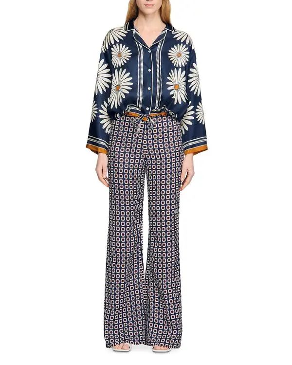 Sandro Floral Print Silk Shirt - Deep Blue