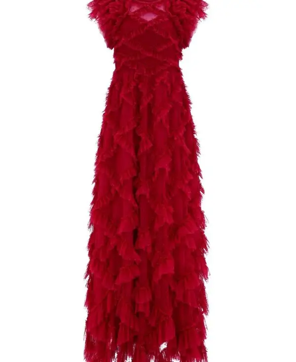 NEEDLE & THREAD Genevieve Ruffle Maxi Gown - Deep Red/fuchsia