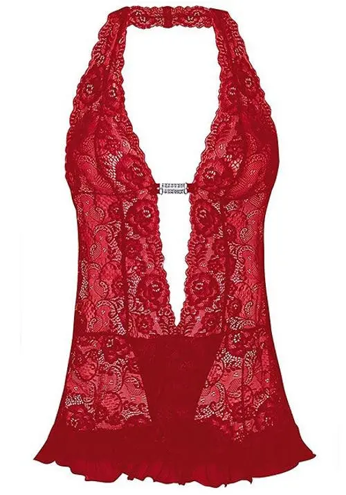 LASCANA Plunge Halter Lace Teddy - Red