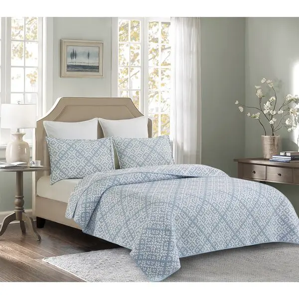 C&F HOME Leaves Jacquard Cotton Cover Quilt Set Reversible And Machine Washable - Blue