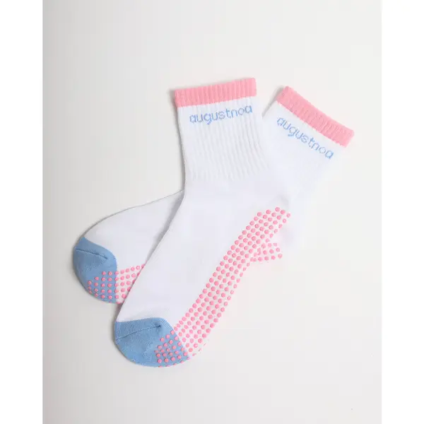 AUGUSTNOA Striped Grip Crew Socks - Stripe/pnk & Blu Grip