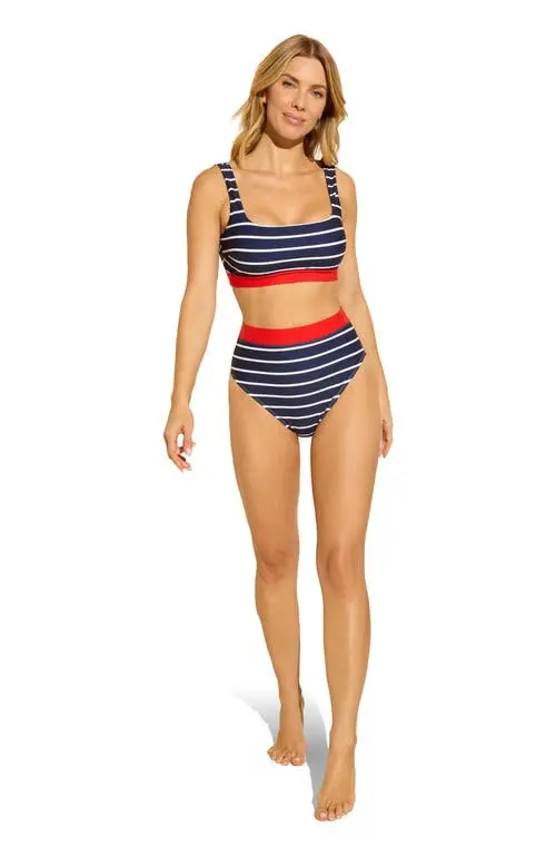 STYLEST Striped Square Neck Bikini Top - Navy/blanc/hot Pepper